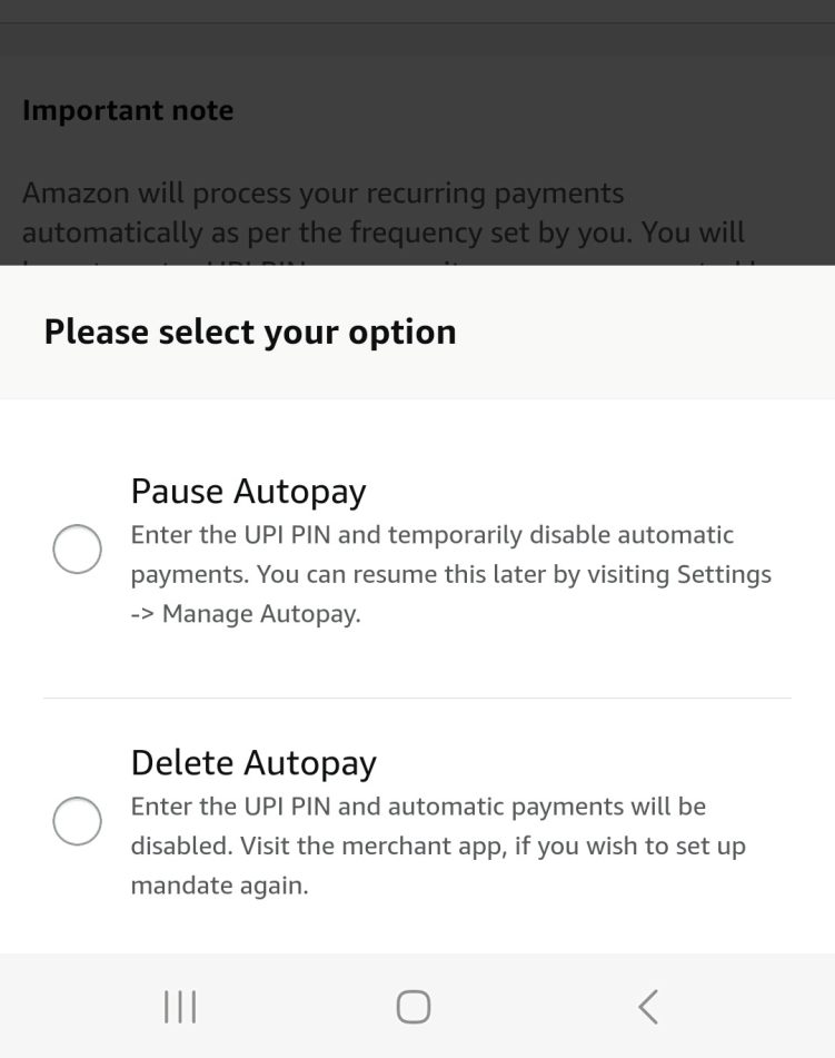 How to delete / pause Amazon Pay UPI mandate subscriptions