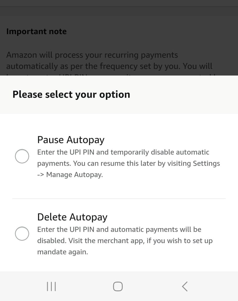 How to delete / pause Amazon Pay UPI mandate subscriptions